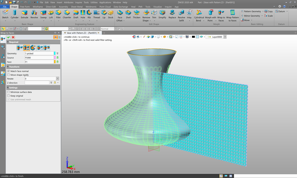 Trying to wrap a pattern around a revolved shape - ZW3D CAD - ZW3D Forum